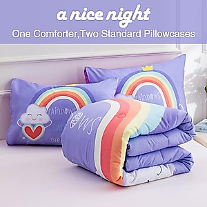A Nice Night Bedding 3 Piece Cartoon Rainbow Bedding Set with Cloud Printed for Girls Toddler Bed Comforter Sets (Purple-Rainbow, Full)