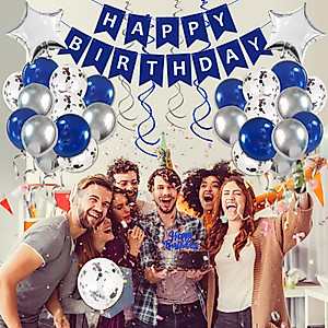 Navy Blue and Silver Birthday Decorations for Men Women, Blue Birthday Decorations for Men with Happy Birthday Banner Tablecloth Balloons Fringe Curtains Hanging Swirls Cake Toppers