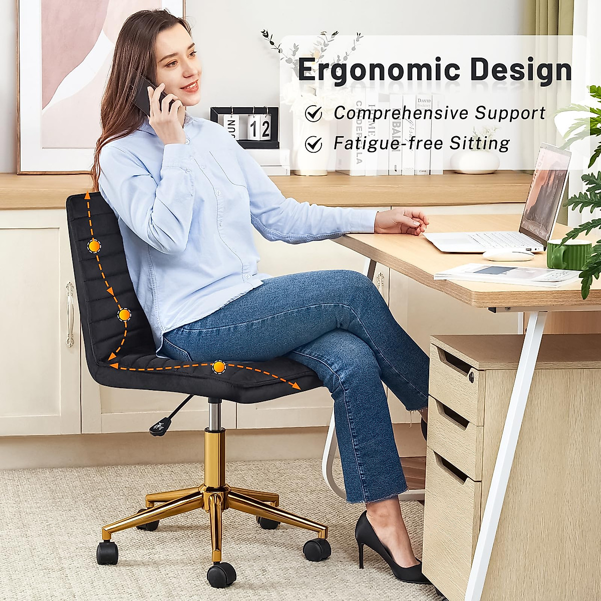 Furniliving Home Office Chair, Armless Vanity Chair with Wheels Swivel Velvet Computer Rolling Desk Chair with Back, Adjustable Accent Chair with Gold Metal Base Stool Chair,Black