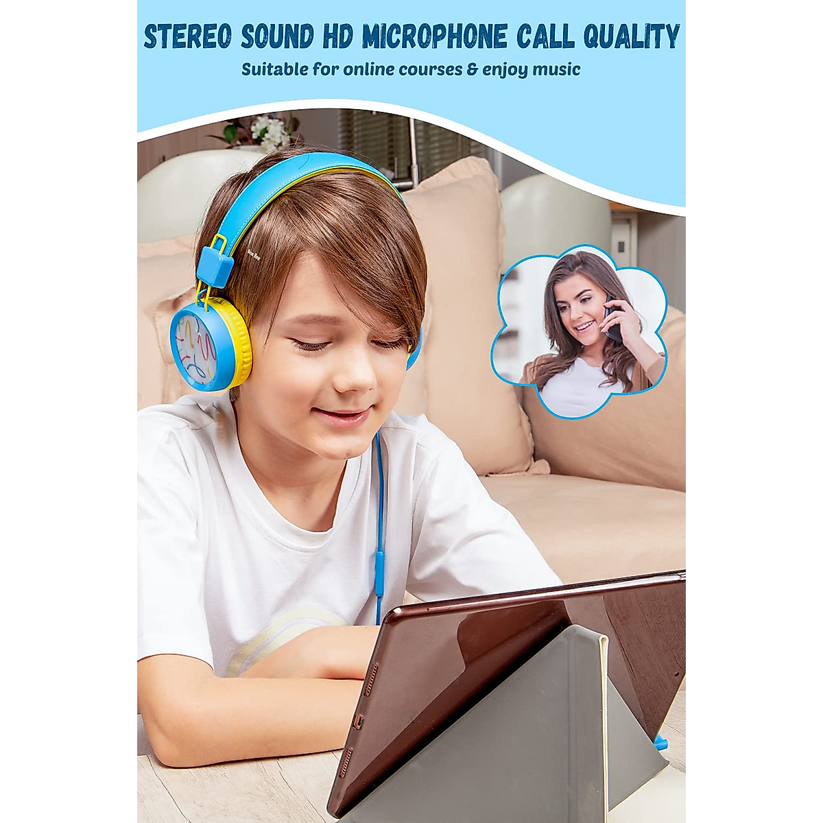 New bee Kids Headphones for School with Microphone KH20 HD Stereo Safe Volume Limited 85dB/94dB Foldable Lightweight On-Ear Headphone for PC/Mac/Android/Kindle/Tablet/Pad(Blue)