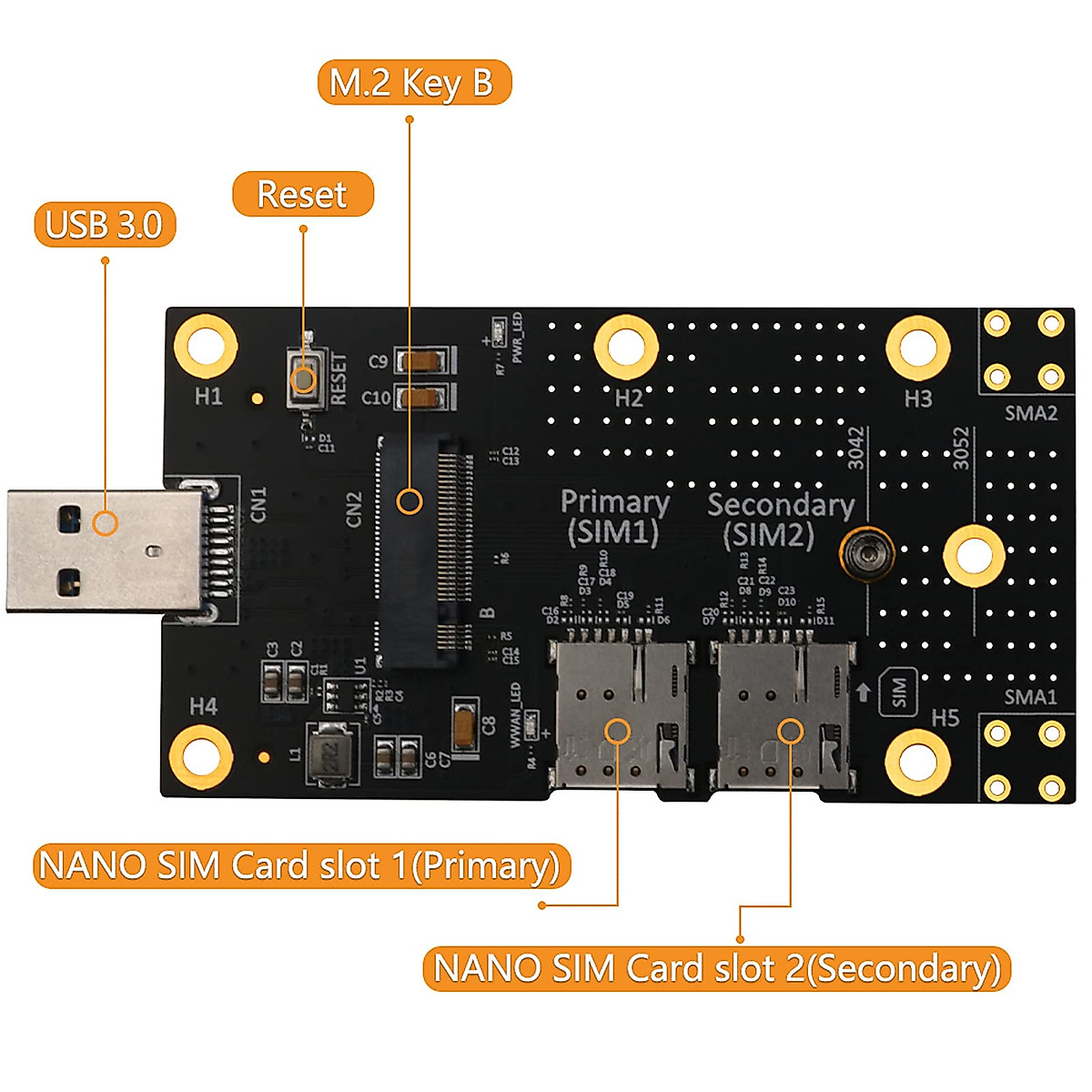 M.2 NGFF to USB 3.0 Adapter Card, 3042/3052 NGFF (M.2) to USB 3.0 A Adapter with Nano SIM Card Slot for 3G/4G/5G Module
