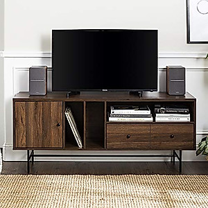Walker Edison Modern Wood TV Stand with Record Storage for TV's up to 65" Flat Screen Universal TV Console Living Room Storage Cabinet Doors Shelves Entertainment Center, 60 Inch, Dark Walnut