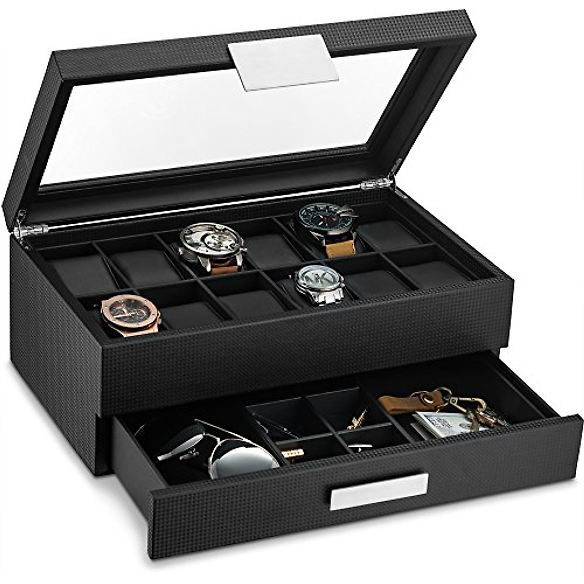 Glenor Co Watch Box with Valet Drawer for Men - 12 Slot Luxury Watch Case Display Organizer, Carbon Fiber Design - Metal Buckle for Mens Jewelry Watches, Men's Storage Boxes Holder has Large Glass Top