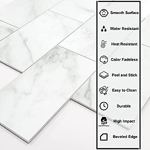 The Tiles Plaza Subway Backsplash Tile Peel and Stick, White Stone Self Adhesive Tiles, Stick on Marble Wall Tile for Kitchen, Bathroom, Fireplace. 12 x 12 Inch 10 Sheets