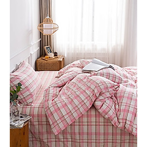 TazmKezm Pink Grid Duvet Cover Set 100% Washed Cotton Duvet Cover King Size (104x90 Inch),3 Pieces Luxury Soft Bedding Set with Zipper Closure.Solid Color Pattern Duvet Cover