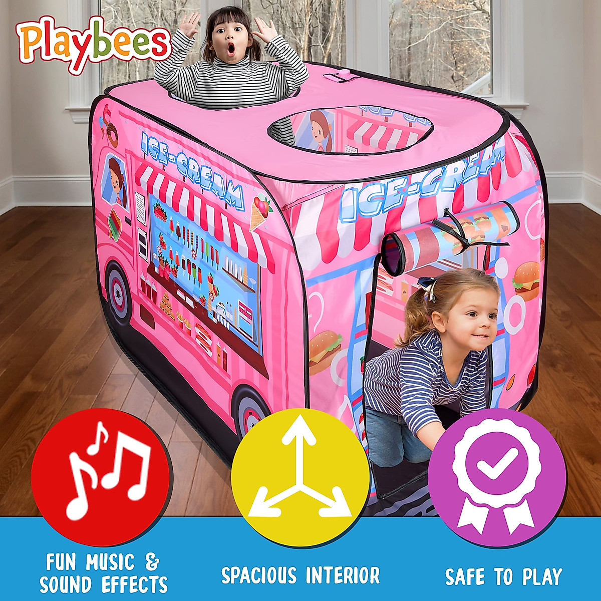 Playbees Musical Ice Cream Truck Pop Up Play Tent with 3 Openings - Tent for Toddlers - Indoor & Outdoor - Pop Up Tents for Kids - Includes Carry Bag and Sound Button- 43.5x28x26.5 Inch