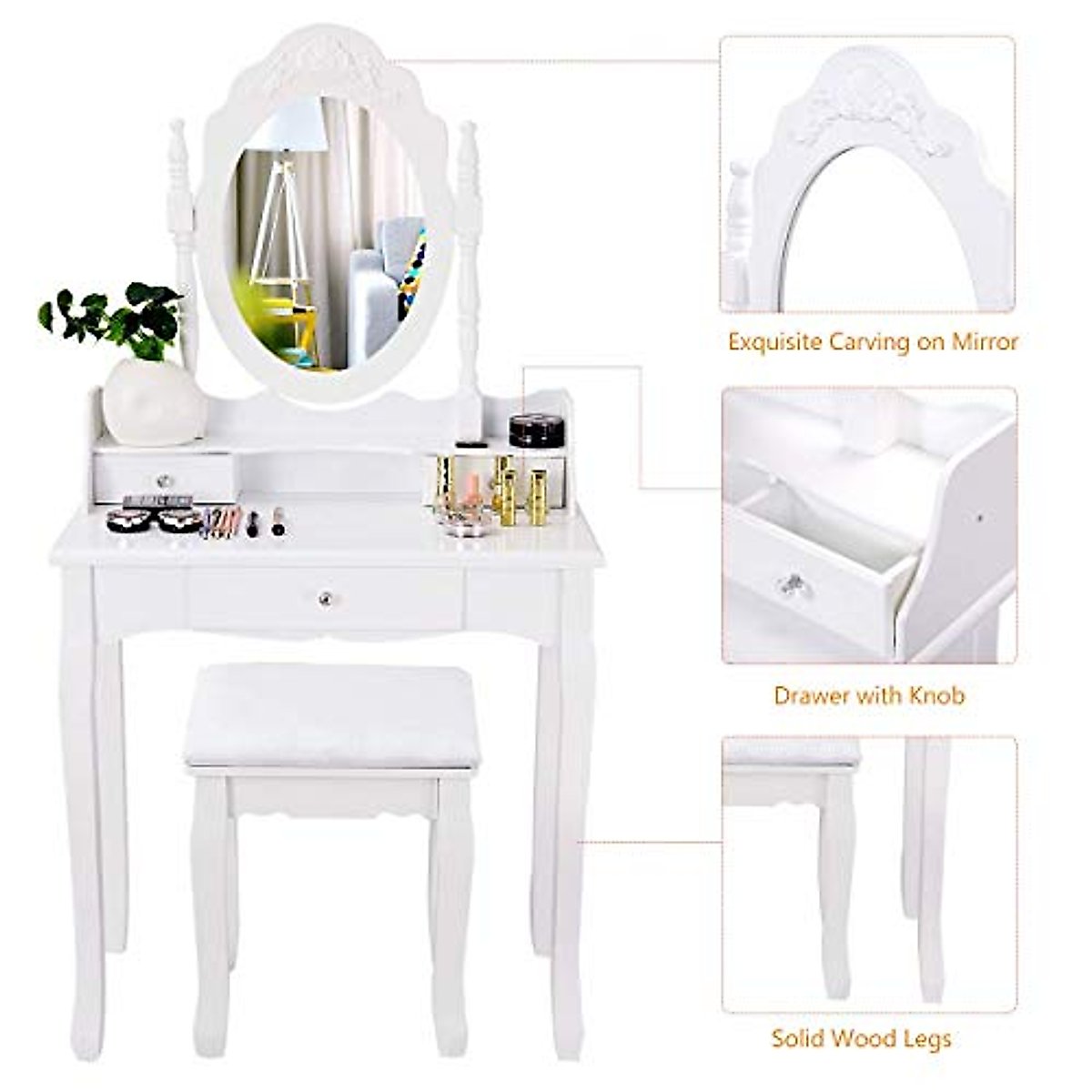 SPSUPE Click Image to Open expanded View Vanity Set with Oval 360° Rotating Mirror, Makeup with3 Storage Drawers, Painted Finish,Removable Top, Wooden Dressing Table, White