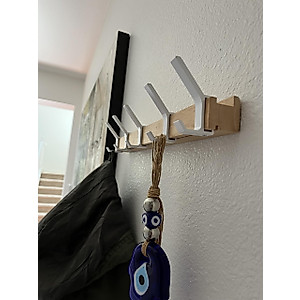 Generic Moderm Wall-Mounted Coat Hook Rail with 5 Double Hooks, 15-Inch Aluminum and Metal for Coats, Hats, Towels, and Robes (White). Natural Wood (Lacquer Coating); Hook: Aluminum (x 5)