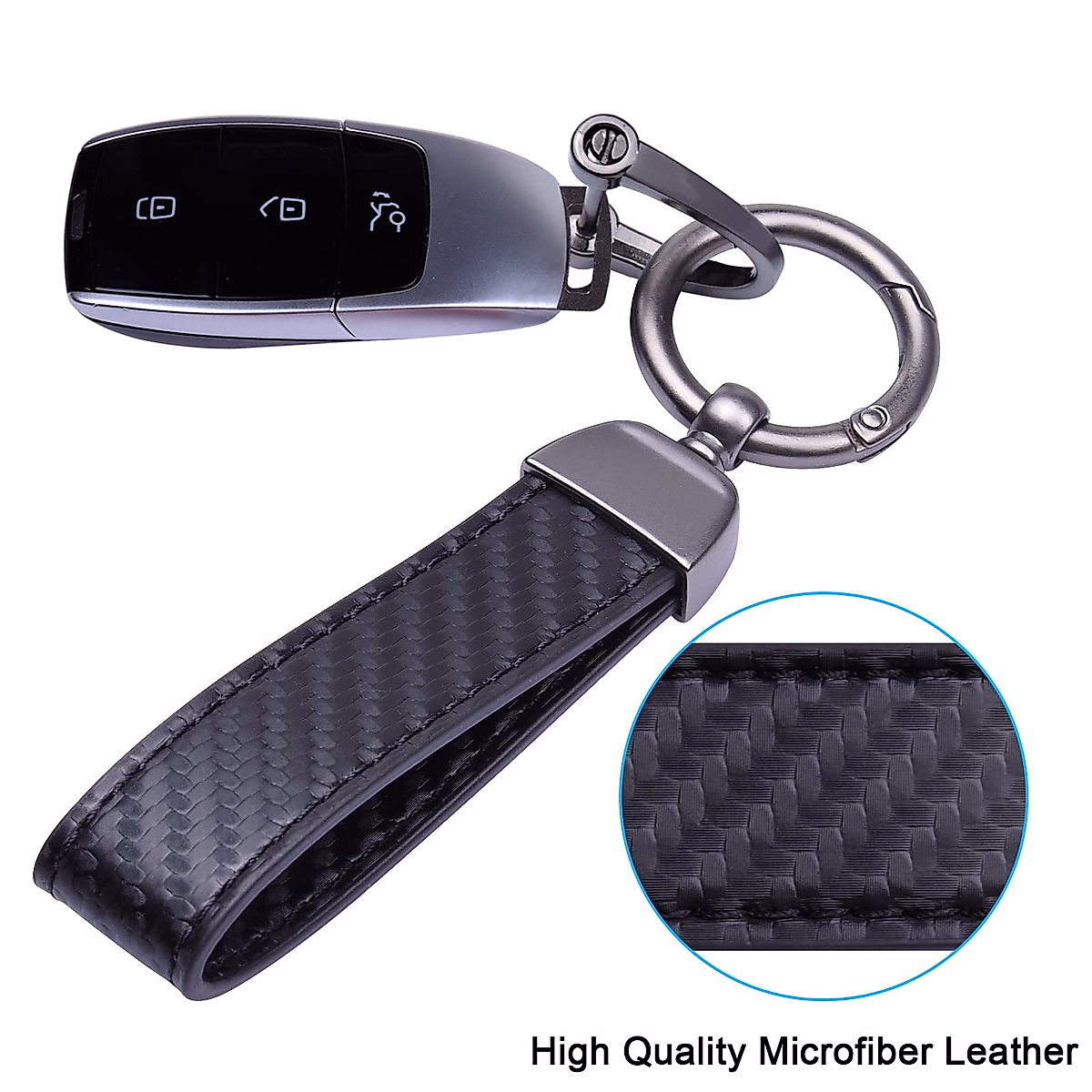 Wisdompro Carbon Fiber Style Car Keychain, Microfiber Leather Key Chain, Universal Key FOB Keychain Holder for Men and Women, with Anti-lost D-ring, 3 Keyrings - Black (with flat connector)