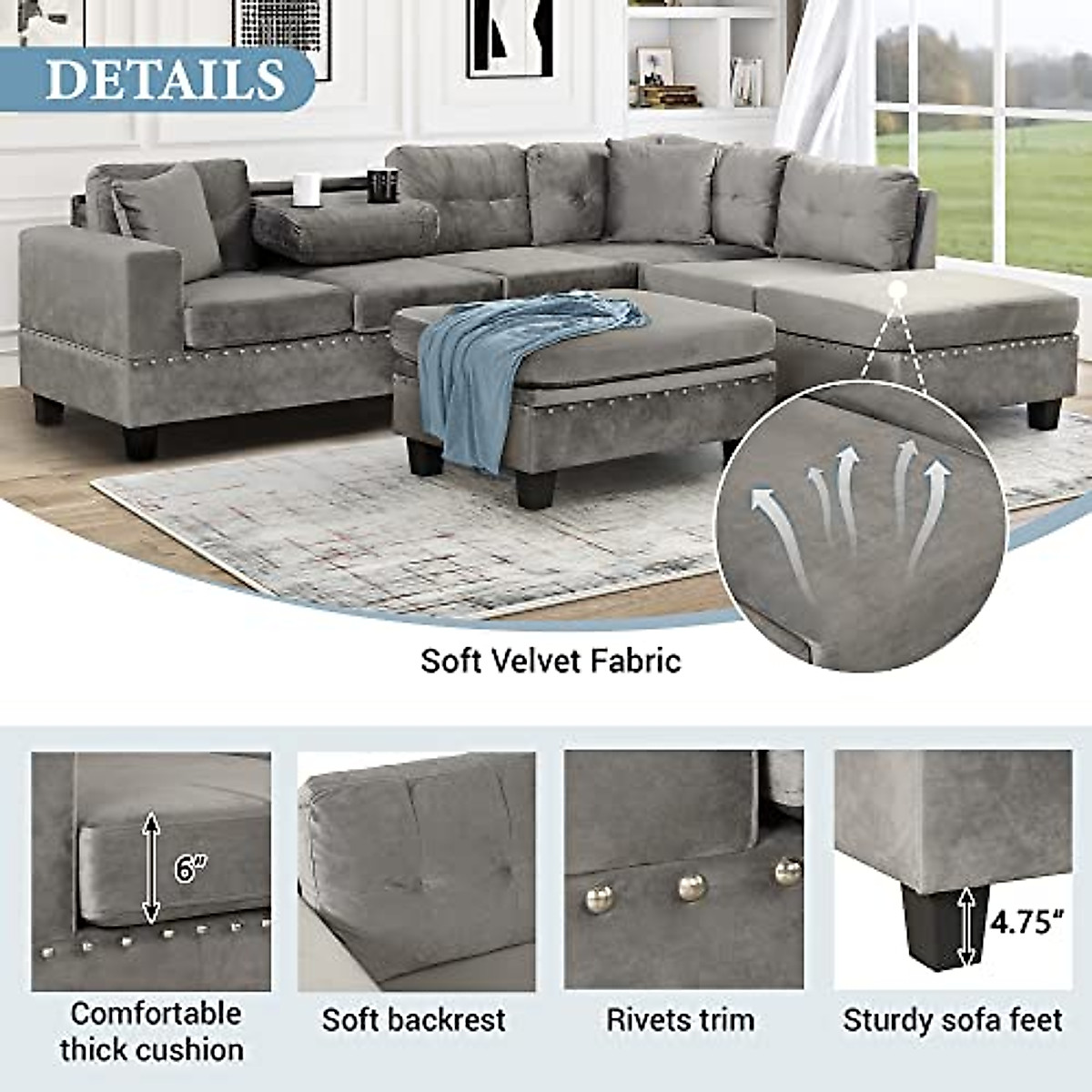 Eafurn L Shaped Sectional Reversible Chaise and Drop Down Table & Cupholders, Upholstery Corner Storage Ottoman, Tufted Convertible Sofa & Couch for Living Room Furniture Set, Gray 104.5"