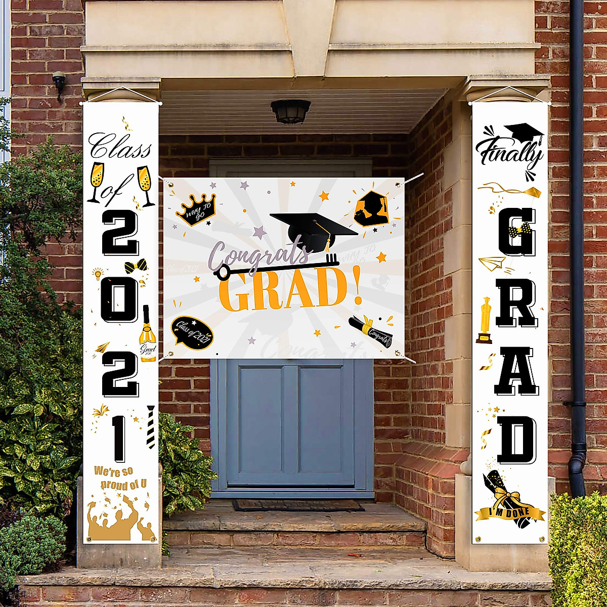 Graduation Decorations 2021 Congrats Grad - Graduation Party Supplies - Graduation Banners Outdoor Home Door Porch Signs&Booth Backdrop/Photo Prop-White Gold