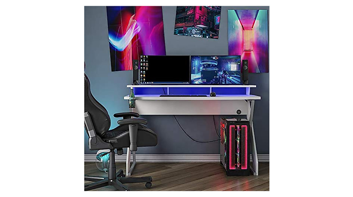 NTENSE Xtreme Gaming Desk with Riser - Ergonomic White Workspace