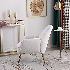 Goujxcy Teddy Barrel Chair Accent Armchair with Golden Legs for Living Room Bedroom Home Office, Tufted Back Club Chair (White3)