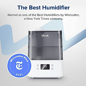 LEVOIT Ultrasonic Cool Mist Humidifiers, Adjustable 360° Rotation Nozzle, Auto Safety Shut Off, Lasts Up to 25 Hours, Filter Free, Optional LED Display Light, Ideal for Bedroom, 3L, White