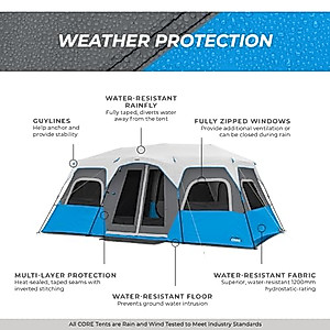 CORE 12 Person Instant Cabin Tent with LED Lights | Large 3 Room Family Lighted Pop Up Tent for 2 Minute Camp Setup | Included Storage Pockets for Camping Accessories