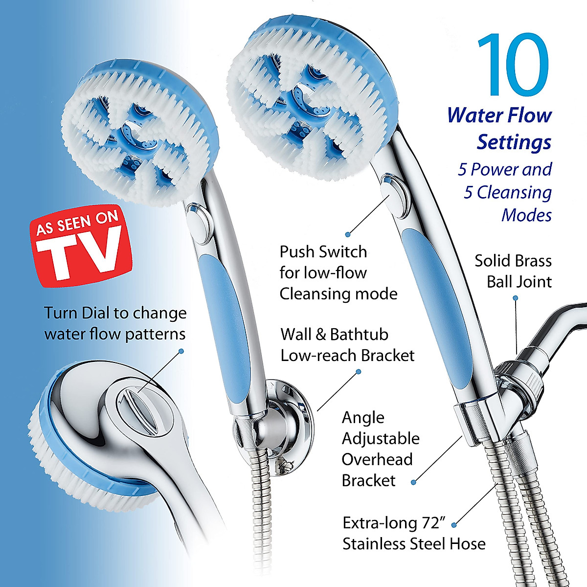 4-in-1 Aquassage by AquaCare - High Pressure 10-mode Shower Head, Hand Shower, Hydro Body Brush & Hair Brush in One! With Two Brackets, Extra-long 6 foot Stainless Steel Hose & Brush Head Holder
