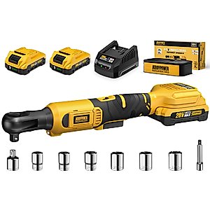 3/8" Cordless Ratchet Wrench Set, 60FT-LBS(80N.m) Electric Ratchet, 2 X 20V Chargeable Power Ratchet Wrench with Variable Speed, LED Light, 6 Sockets, 1/4" Adapter, 3" Extension Rod