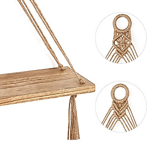 Dahey Macrame Hanging Shelf Boho Wall Decor 2 Pack Rustic Wood Floating Shelves for Nursery Bedroom Bathroom Living Room College Dorm Room Storage Display Shelves for Hanging Plants Photos