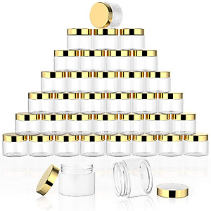 SATINIOR 36 Pieces Plastic Jars with Lids Round Clear Container Leak Proof Airtight Cosmetic Small Empty Jars for Lotions Ointments Travel Toiletries Creams Make up Storage(2 oz,Gold)