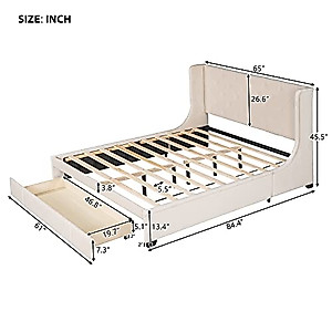 HBRR Queen Size Platform Bed Frame with Wingback Headboard and a Big Drawer, Velvet Upholstered Storage Bed, Wooden Slats Support, No Box Spring Needed, Easy to Assemble, Beige