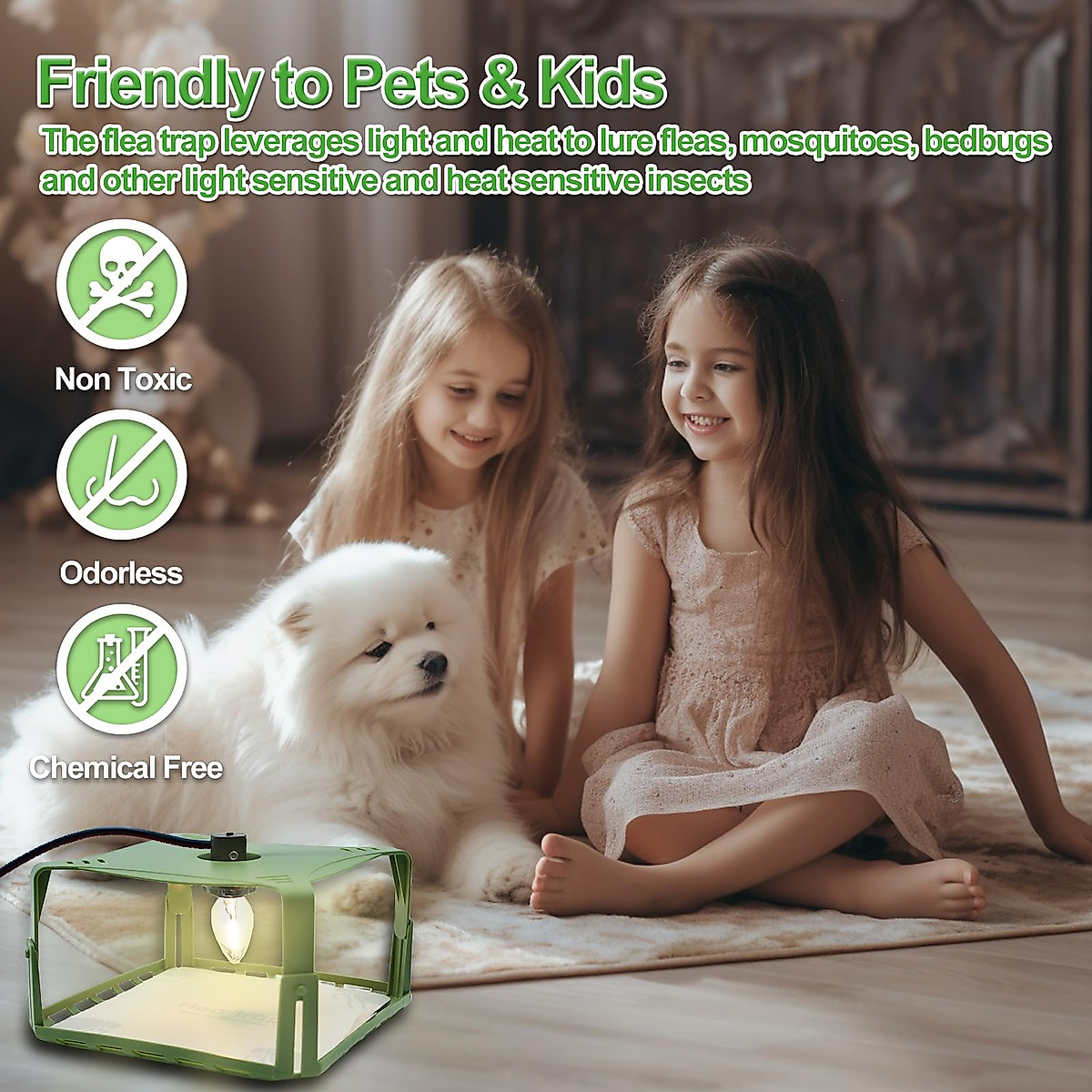 Flea Traps for Inside Your Home, Flea Killer Trap Indoor Natural Safe Pest Control Trapper House Sticky Insect Killer with Light & Switch Bed Bug Trap, Safe for Kid & Pet, 2 Packs Green
