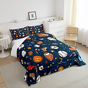 Feelyou Sports Comforter Set Blue Ball Bedding Set Baseball Football Basketball Comforter for Kids Boys Girls Competitive Games Duvet Set Room Decor Quilt King Size Boys