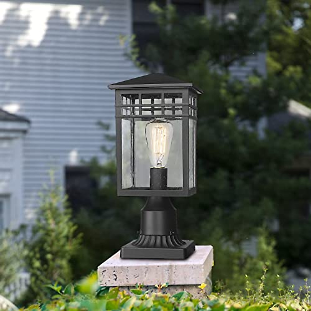 Diyel Outdoor Post Light Fixture, Modern Exterior Pillar Lantern with Black Finish & Seeded Glass, Pole Light for Garden, Backyard, Courtyard, Patio, Porch, RZ009-P BK