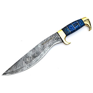 Skokie Knives Custom Hand Made Damascus Steel Hunting Knife Handle Blue Pakka Wood Brass Spacer