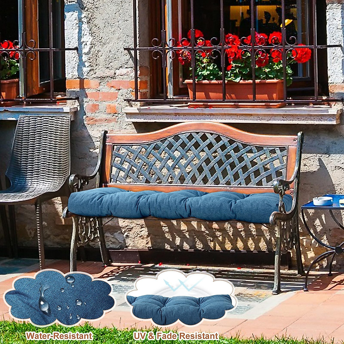 Drydiet 2 Pack Bench Cushions Non Slip Memory Foam Bench Cushion Water Resistant Outdoor Patio Bench Cushion Durable Thicken Bench Seat Pads 42x16x4 Inch Indoor Porch Wicker Sofa Swing Cushion(Blue)