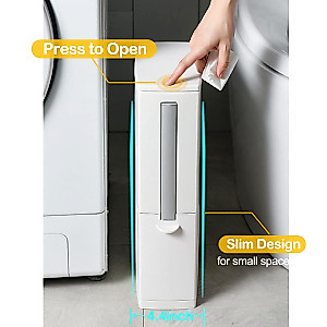 COMODID Slim Bathroom Trash Can with pop-up Lid, 3 in1 Trash can with Brush&Holder,for RV, 5 Liter Garbage Can with Press Top Lid, White Rectangular Modern Waste Can for Bathroom, Grey