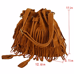 Heidi Bag Women's Fringed Bucket Purse Tassel Faux Suede Shoulder Bag Ring Top-Handle Crossbody Bag (brown)
