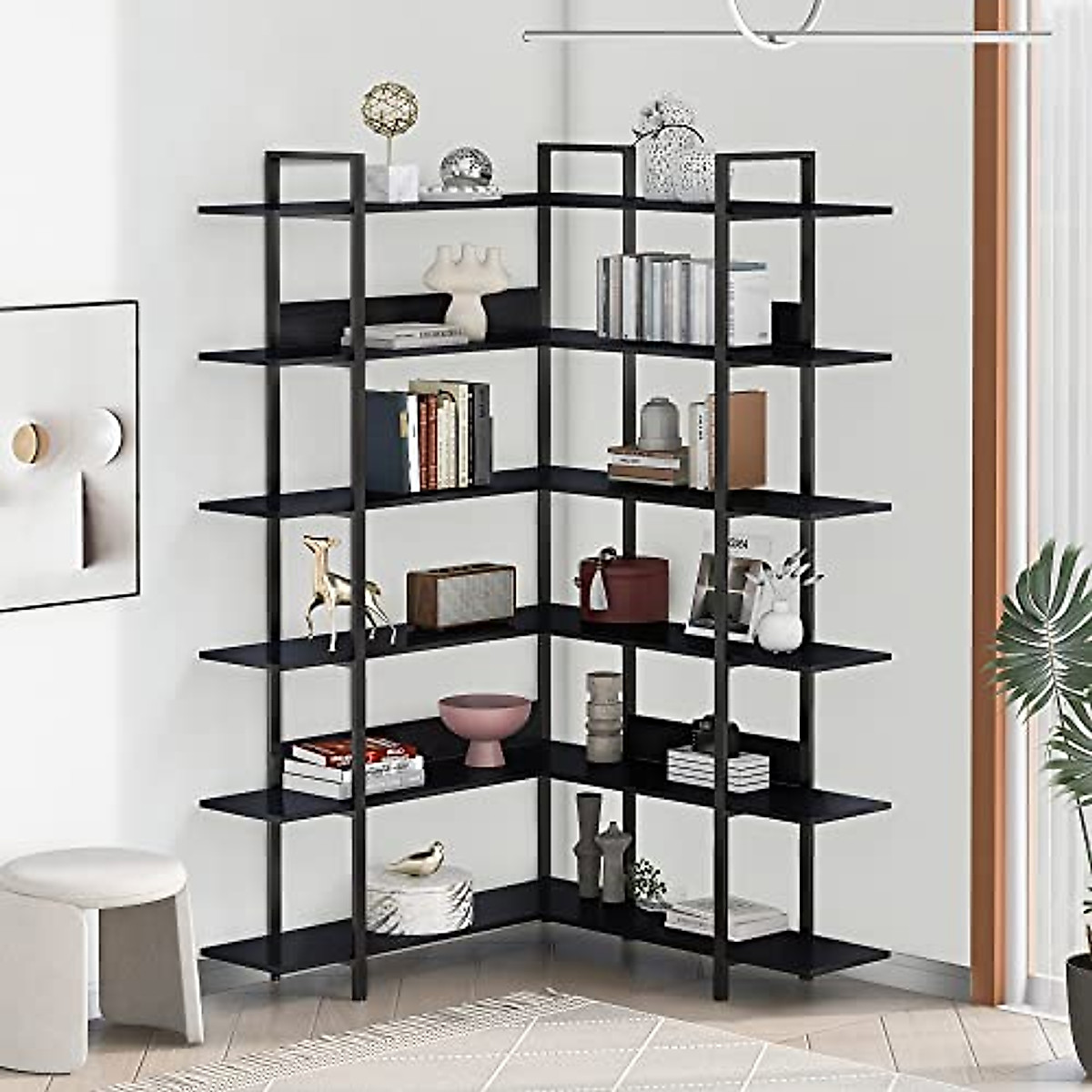 Corner Bookcase, 6-Tier L-Shaped Tall Bookshelf with Open Storage, Freestanding Industrial Shelf with Metal Frame for Home Office Funiture(Black)
