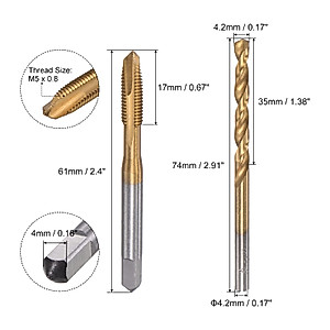 uxcell M5 x 0.8 Spiral Point Thread Tap and 4.2mm Twist Drill Bit Set, Metric Titanium Plated 6542 High Speed Steel Machine Screw Thread Tap Threading Tool