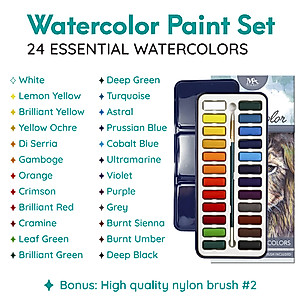 MozArt Supplies Watercolor Paint Essential Set - 24 Vibrant Colors - Lightweight and Portable - Perfect for Budding Hobbyists and Professional Artists - Paintbrush Included