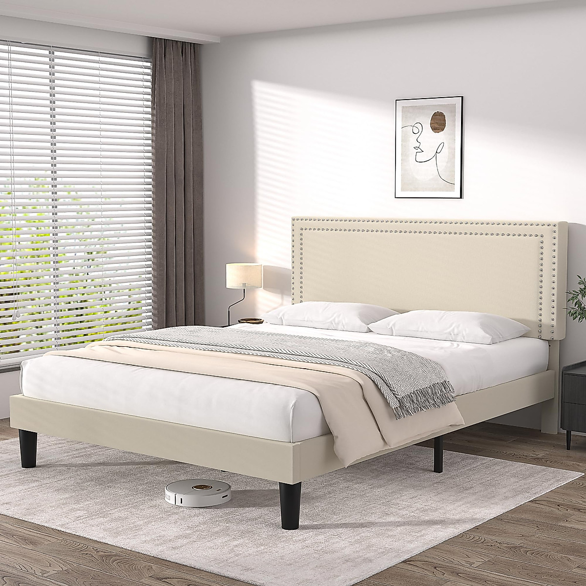 VECELO Queen Size Platform Bed Frame with Height Adjustable Upholstered Headboard, Modern Mattress Foundation,Strong Wood Slat Support, No Box Spring Needed, Easy Assembly