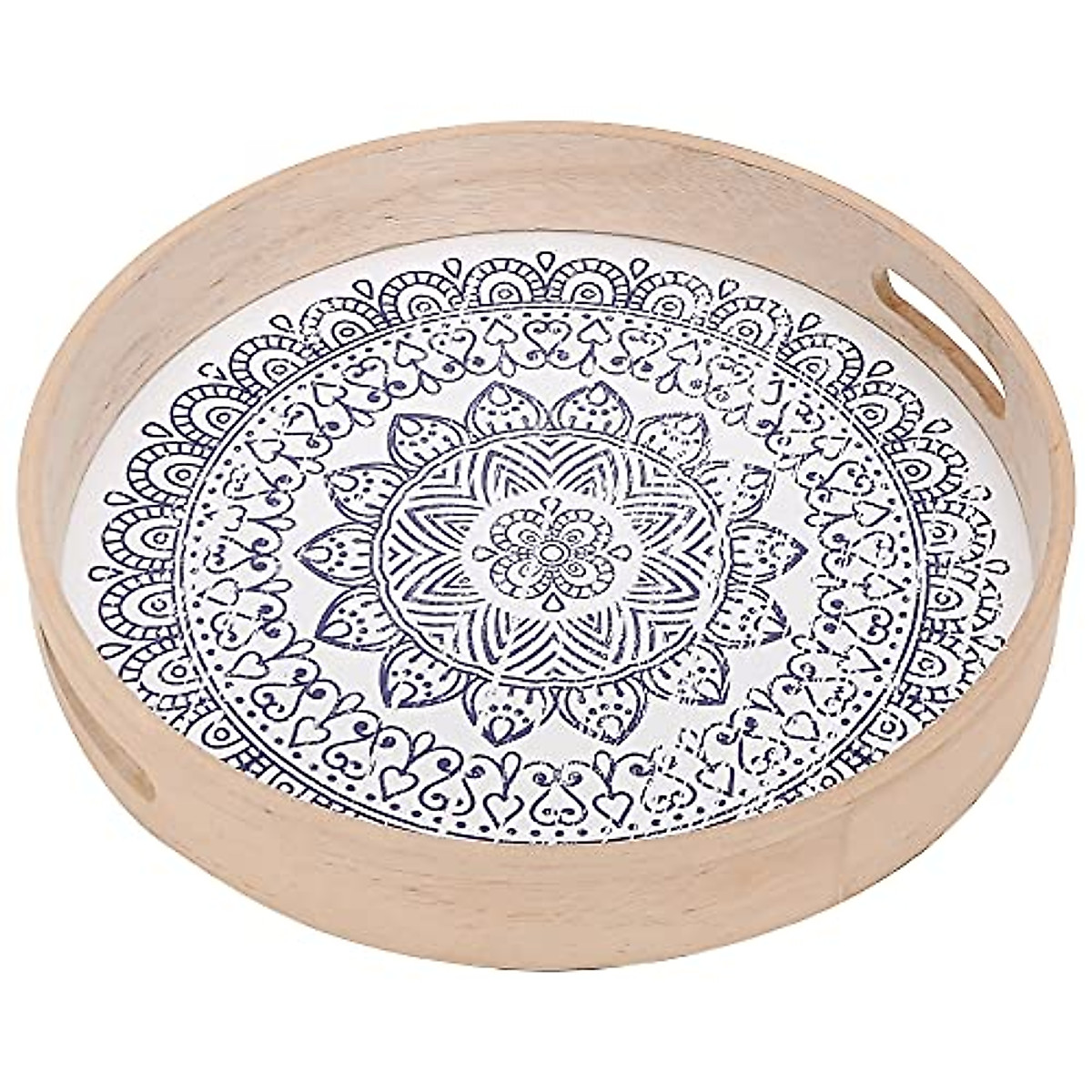 Round Wooden Tray Set with Handles Blue/White - Beautiful Mandala Trays by Camelot Design - Set of 2 Decorative Round Serving Trays