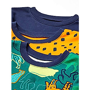 Amazon Essentials Boys' Snug-fit Cotton Pajamas Sleepwear Sets (Previously Spotted Zebra), Pack of 3, Dark Blue Text Print/Green Animal/Orange Dots, 14-16