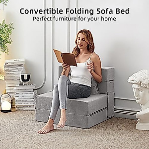 FILUXE Convertible Folding Sofa Bed - Sleeper Chair with Pillow, Modern Linen Fabric Floor& Futon Couch, Foldable Mattress for Living Room/Dorm/Guest Use/Home Office/Apartment, Single Size, Light Grey