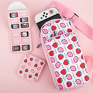 FANPL Carrying Case for Nintendo Switch/OLED/ Lite Travel Bag, Pink Shoulder Backpack Set with Game Case and Thumb Grip Caps, Switch Accessories Portable Crossbody Bag with Strawberry for Girls