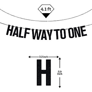 Black Glitter Half Way to One Banner for Baby's 6 Months Birthday Party Decorations, Baby Shower Birthday Party Favor Supplies