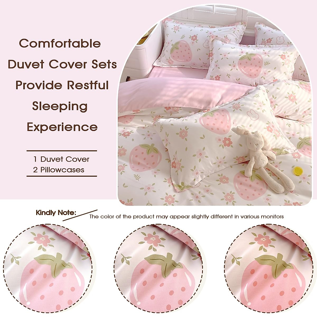 SOULZZZ White Pink Duvet Covers Queen Size - Pink Strawberry Bedding Queen Comforter Sets 3 PCS with Zipper Closure Duvet Cover & 2 Pillow Shams (No Comforter)