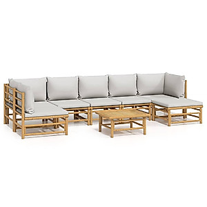vidaXL 8-Piece Bamboo Outdoor Patio Lounge Set with Light Gray Cushions - Modular Design, Comfortable Seat Experience, Practical Table