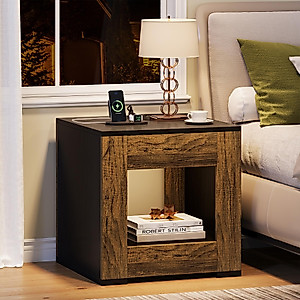 Condemo Farmhouse End Table with Charging Station, Square Nightstand Bedside Table with Drawer and Open Shelf, 2-Tier Sofa Side Table Storage for Living Room, Bedroom, Small Spaces, Brown and Black