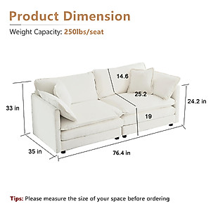 mikibama Luxury Loveseat Sofa Couch, 76" Modern Chenille Deep 2-Seater Cloud Couch with 2 Armrest Pillows and 2 Toss Pillows, Love Seat for Living Room Bedroom Office Apartment, Beige