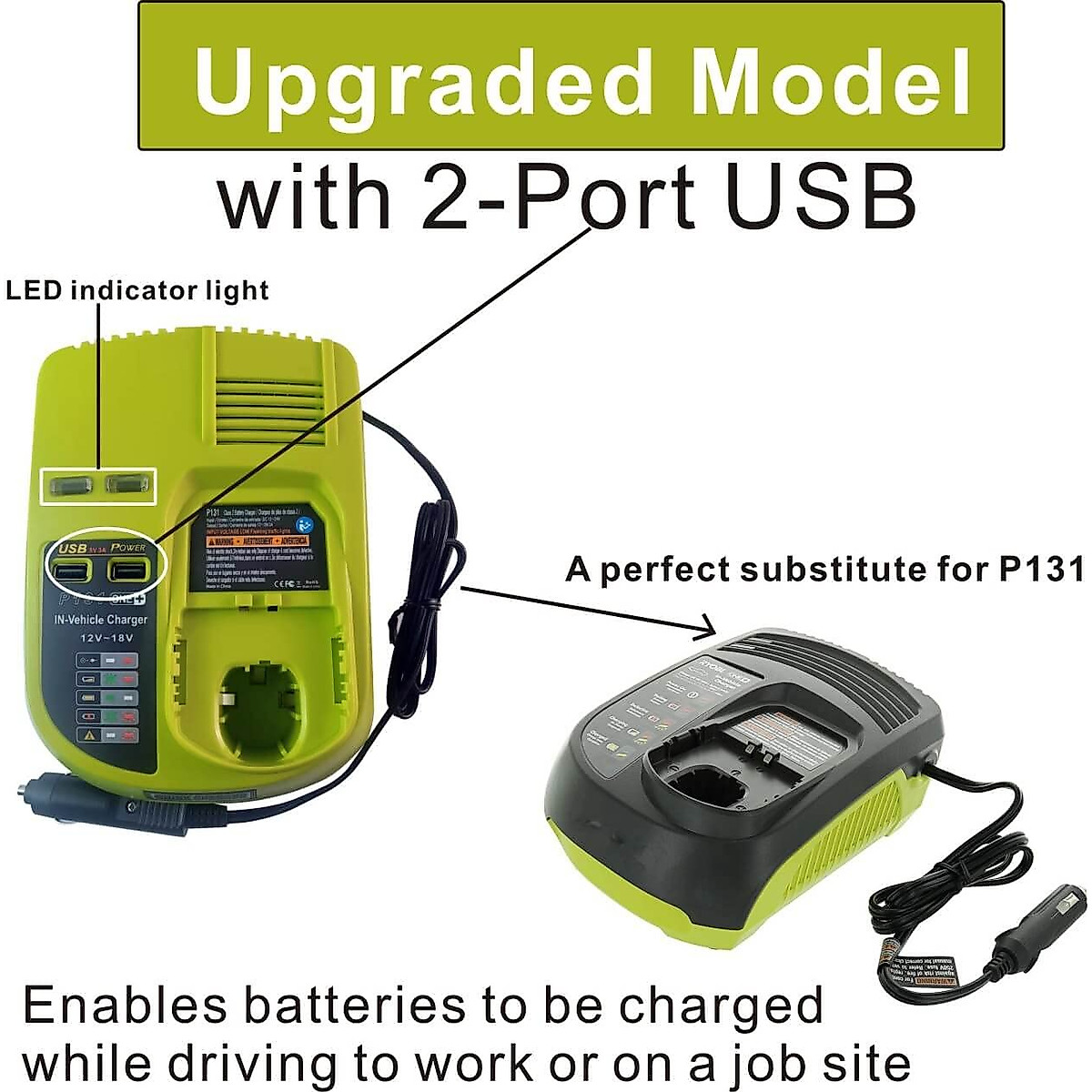 Compaitble with Ryobi P131 One+ Portable Dual Chemistry Lithium Ion or NiCad Vehicle Charger,Car Battery Charger, for Battery P107 P102 P108 P122 P161 P190 P191 P192 P100 P103 P104 P105 P106