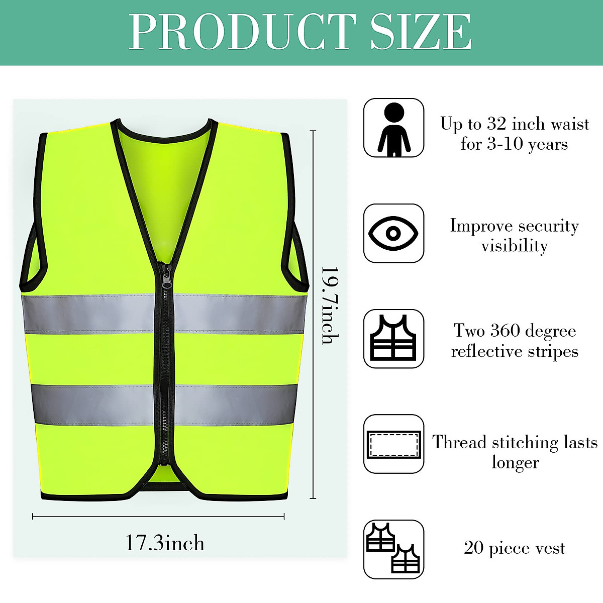 Unittype 20 Pcs Kids Reflective Safety Vest High Visibility Children Neon Vest with Zipper Construction Traffic Vest with Reflective Strips for Kids Aged 3-10, Cycling, Running, Green