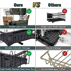 Large Dish Drying Rack with Drainboard Set, 2 Tiers Detachable Dish Racks for Kitchen Counter with Adjustable Swivel Drainage, Dish Drainer Dishwasher Rack with Cup Holders, Dish Drying Mat