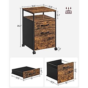 VASAGLE File Cabinet, Mobile Filing Cabinet with Wheels, 2 Drawers, Open Shelf, for A4, Letter Size, Hanging File Folders, Rustic Brown and Black UOFC71X