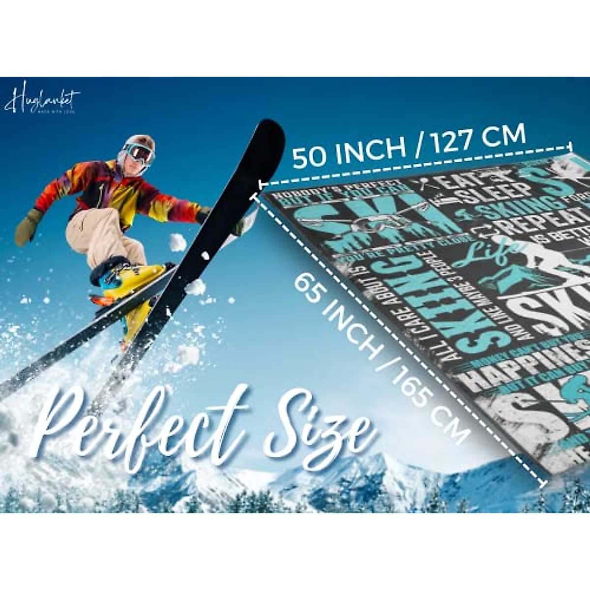 Huglanket Ski Blanket, Best Gifts for Skiers Unique Ski Design, Throw Blanket Gifts for The Coolest Skier, Flannel Plush Blankets - Quotes About Ski - 50"x 65"