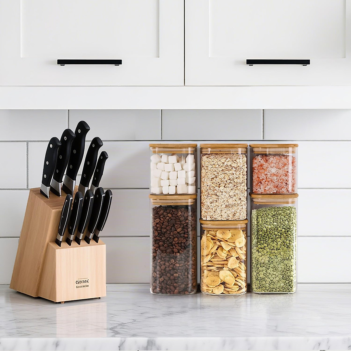 ComSaf Airtight Glass Storage Canister with Bamboo Lid (22oz/37oz/50oz) Set of 6, Clear Food Storage Container Kitchen Pantry Storage Jar for Flour Cereal Sugar Tea Coffee Beans Snacks, Square